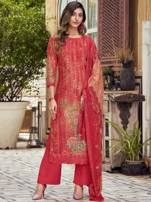 Buy Stylee Lifestyle Red Muslin Embroidered Dress Material Online at ...