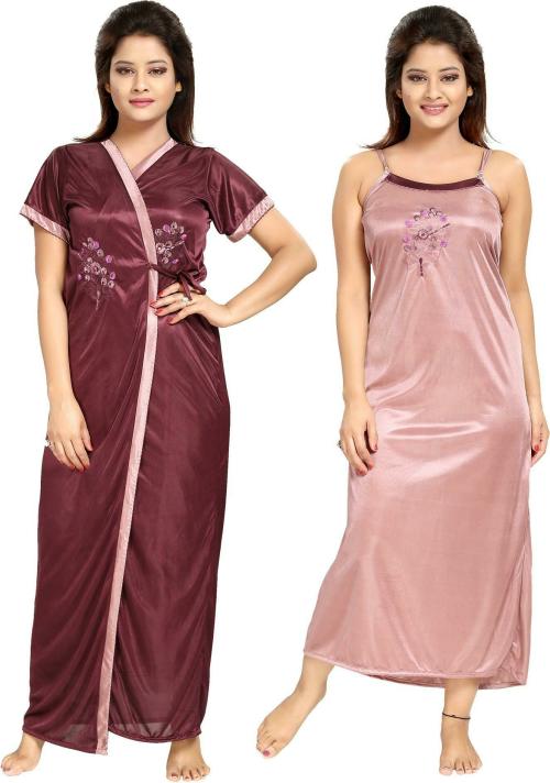Buy Be You Women Multicolor Embroidered Satin Nighty With Robe Online ...