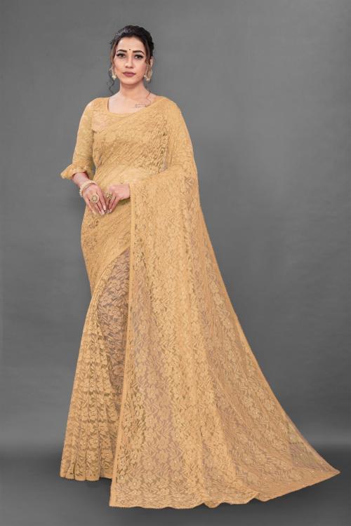 Buy Fashion Field Women Gold Self Design Net Saree with Unstitched ...