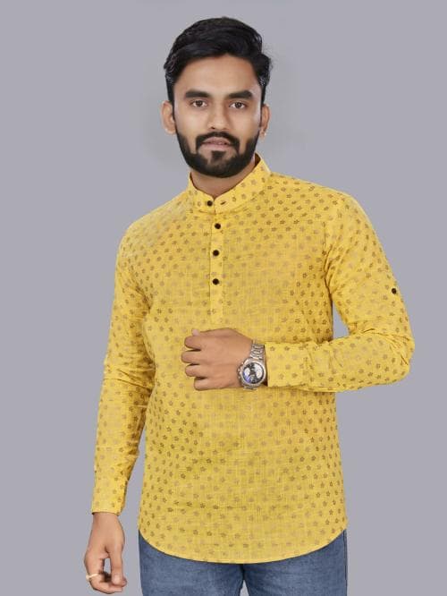 Buy Allan Peter Men's Yellow Printed Pure Cotton Single Short Kurta ...
