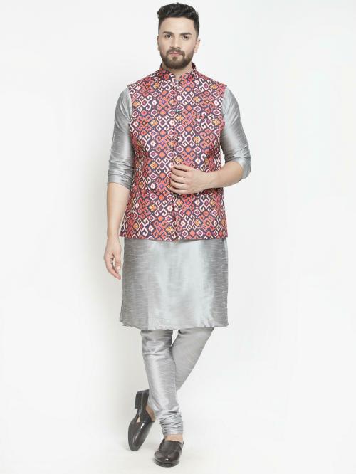 Buy Benstoke Men's Silk Blend Grey Kurta With Pyjama & Navy Blue ...