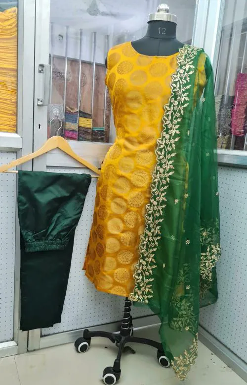 Buy sukhnath creation Women's Silk Blend Yellow Straight Kutra, Pant ...