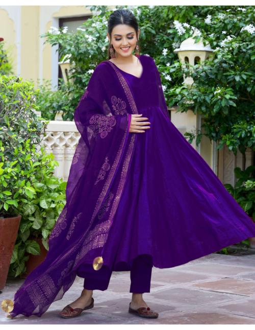 Buy GoSriKi Women's Violet Anarkali Solid Kurta with Trousers & Dupatta ...