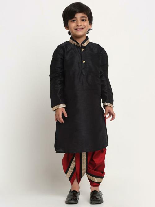 Buy Benstoke Boys Black & Maroon Solid Silk Blend Kurta Dhoti Set ...