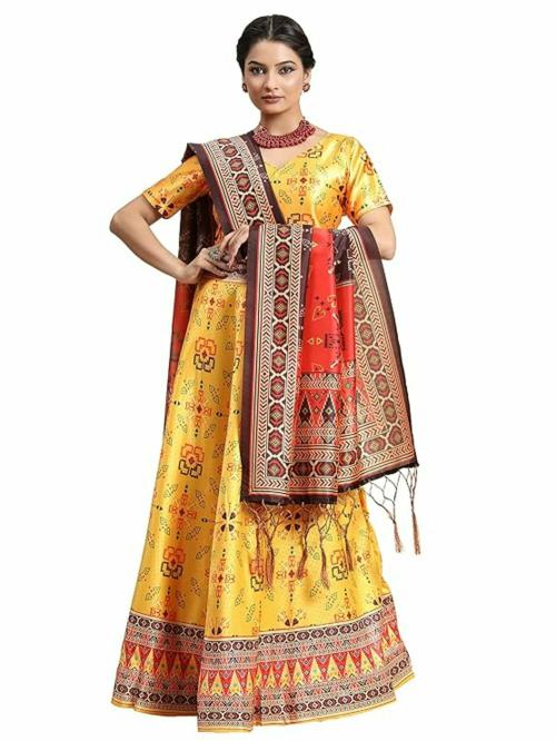 Buy KAHIRAA WHOLETEX Yellow & Orange Printed Semi-Stitched Lehenga ...