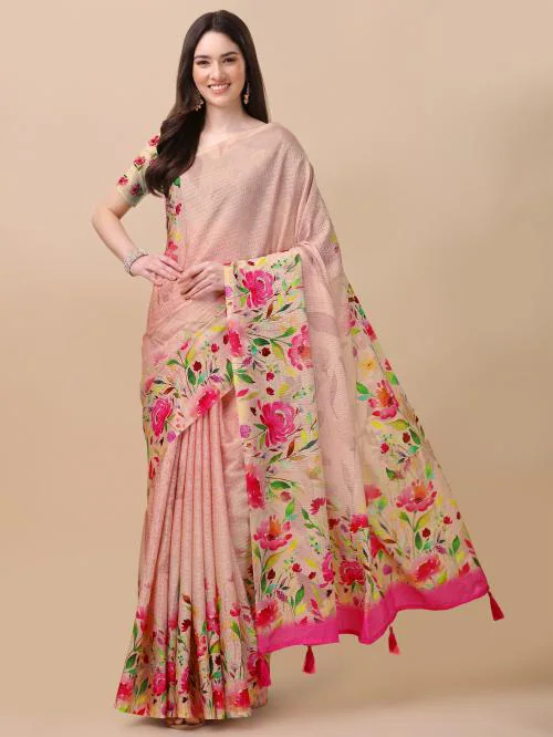 Buy Rekha Maniyar CHINNON CROCHET Rose Gold Color Digital Printed Saree ...