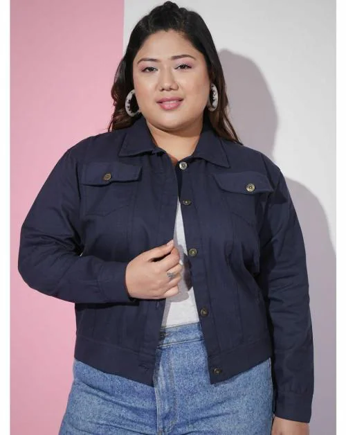 Buy Buynewtrend Curvy Twill Denim Navy Plus Size Women Regular Jacket ...