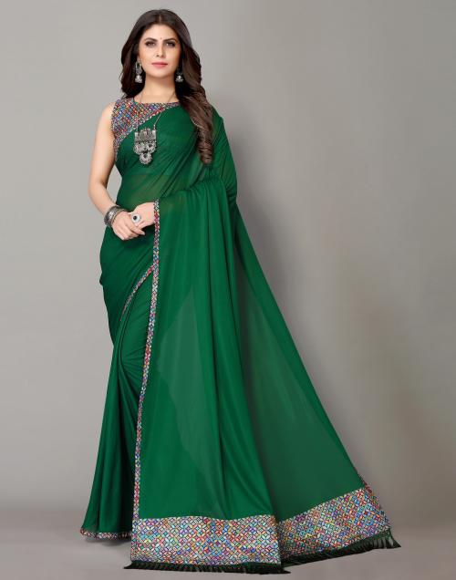 Buy Siril Lycra Blend Green Color Satin Saree with Blouse piece ...