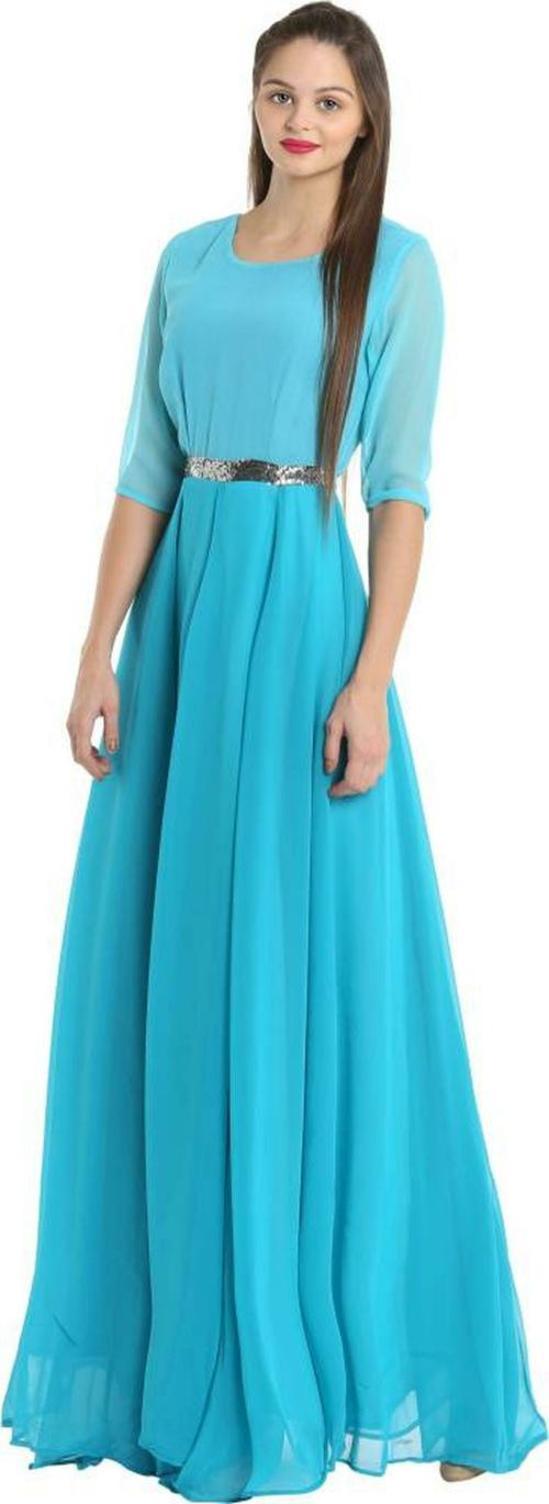 Buy scenestealer Women Light Blue Solid Poly Georgette Maxi Drees - S ...