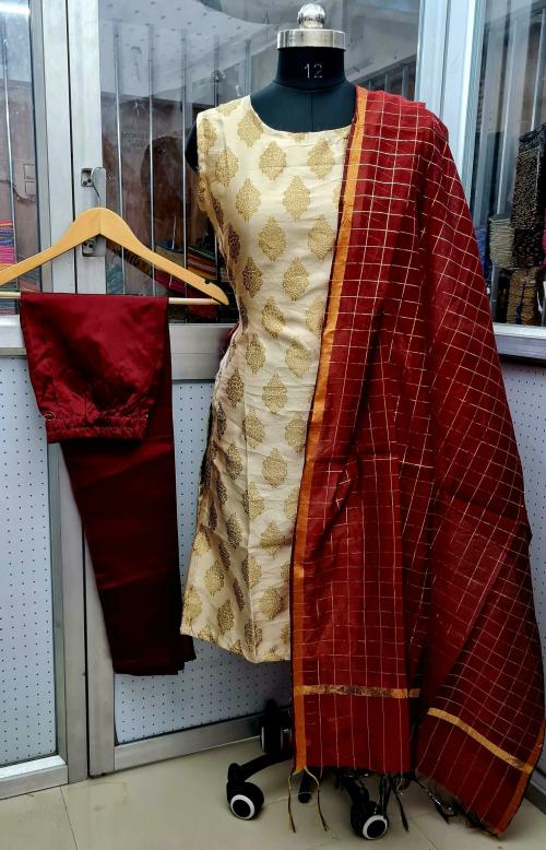 Buy Eilara Women's Silk Blend Beige Straight Kutra, Pant with Dupatta ...