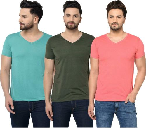 Buy Bribzy Men Rama Green, Olive and Carrot Solid Cotton Blend V Neck T ...