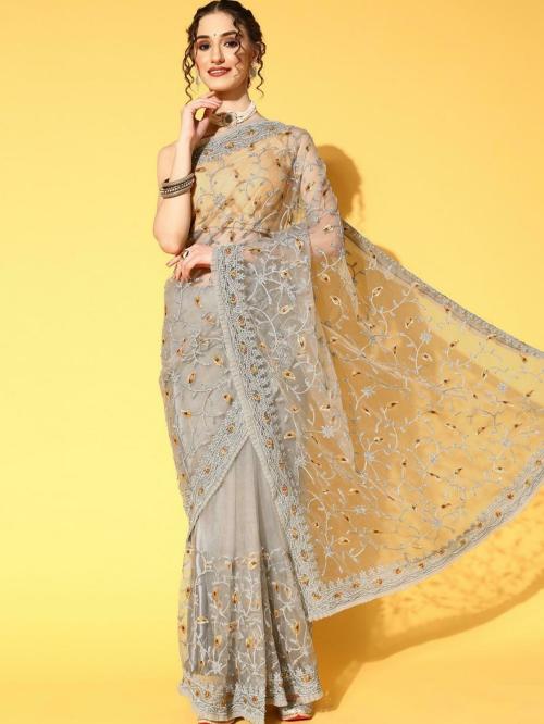 Buy Chhabra 555 Embellished Summer Net Saree with Pleated Border ...