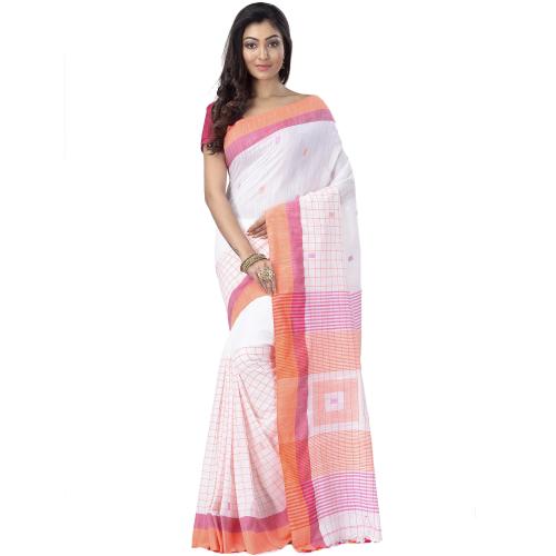 Buy Ruuprekha Women's Pure Cotton Checkered White Saree with Blouse ...