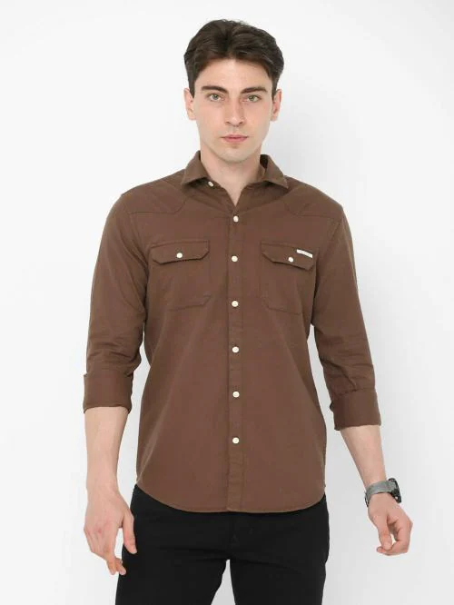 Buy Fly69 Casual Men's Double Pocket Shirts Brown Colour M Size | Slim ...