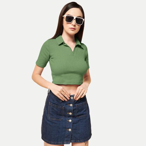 Buy Women Olive Green Collar Rib Crop Top Online at Best Prices in ...