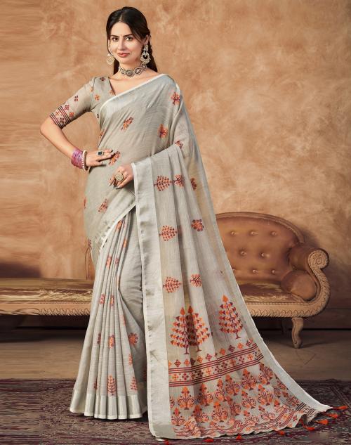 Buy Satrani Linen Grey Color Saree with Blouse piece | sarees for Women ...