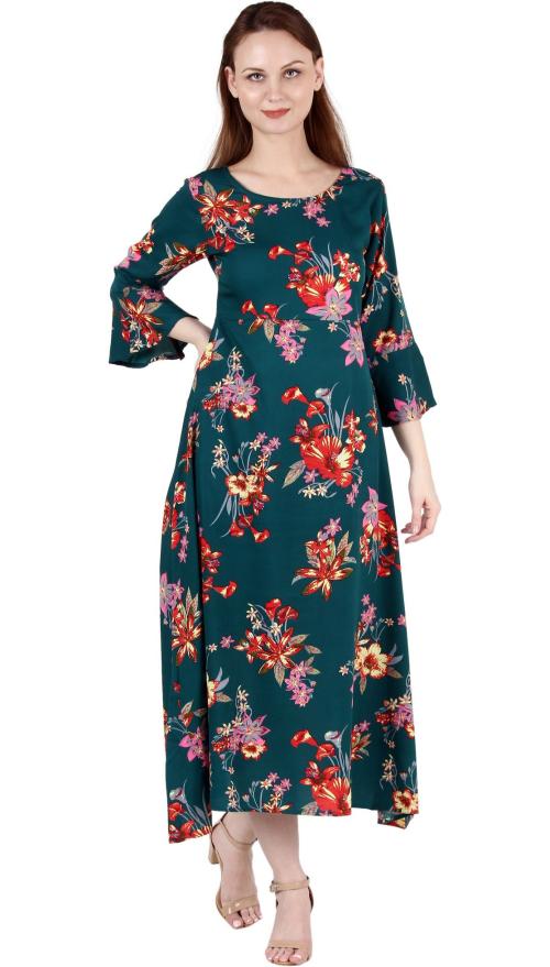 Buy HUNOOR Womens Dark Green Printed Crepe Straight Gown Online at Best ...