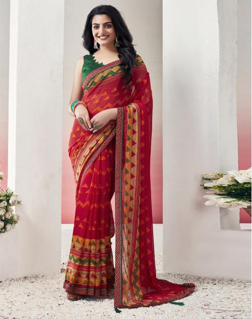 Buy Siril Chiffon Red Color Saree with Blouse piece Online at Best ...