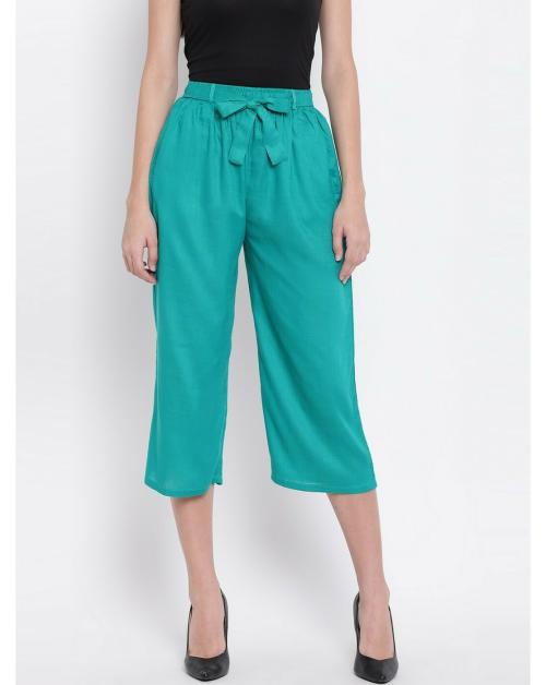 Buy RIVI Women Sea Green Knotted Rayon Capri Trousers Online at Best ...
