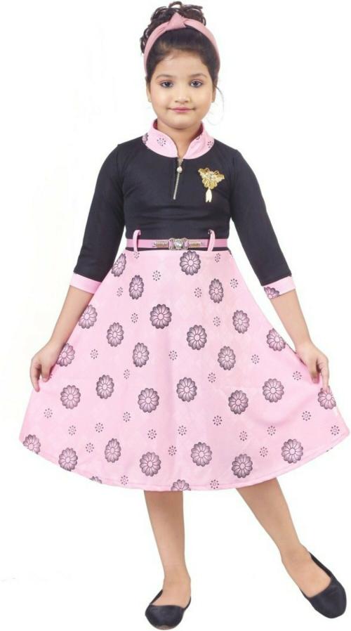 Buy MEHZIN Girls Midi/Knee Length Party Dress (Pink, 3/4 Sleeve) Online ...