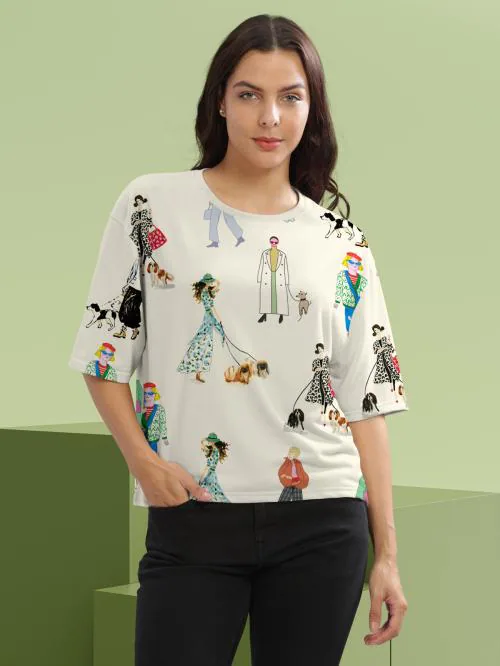 Buy HELLCAT Cream Printed Loose Fit Crew-Neck Crop T-Shirt for Women ...