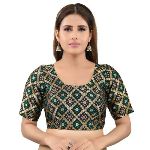 Buy Salwar Studio Women's Black Brocade Printed Readymade Saree Blouse Online at Best Prices in ...