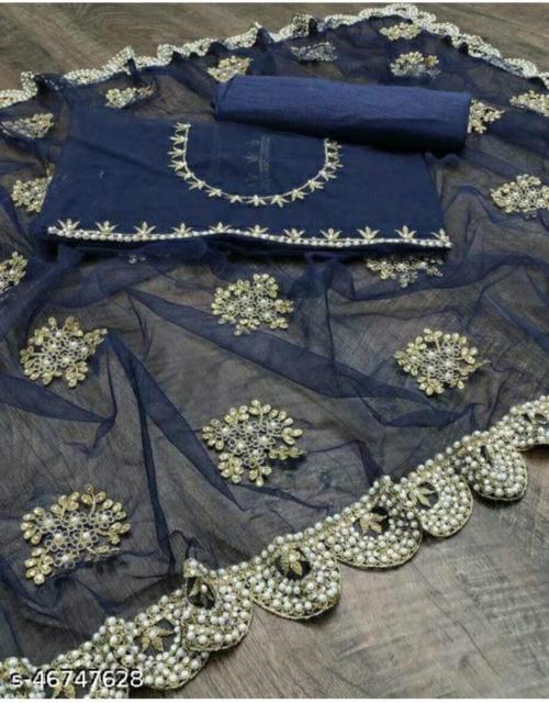 Buy Harmi Fashion Women Blue Embroidered Net Bollywood Saree Online at ...