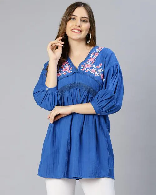 Buy Oxolloxo Sharked bright blue floral embroidered women lace Tunic ...