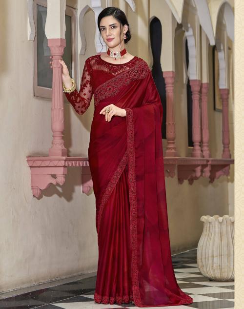 Buy Satrani Chiffon Red Color Saree with Blouse piece | sarees for ...