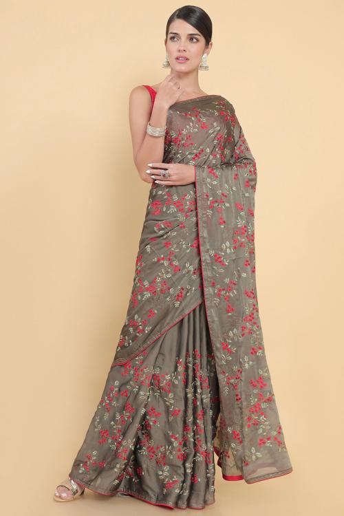 Buy Soch Brown Georgette Saree With Floral Embroidery Online at Best ...