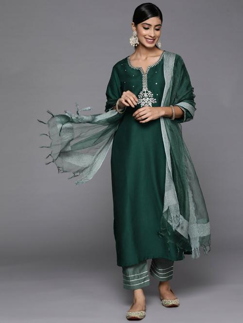Buy Varanga Green Embroidered Kurta With Contrast Bottom And Dupatta ...