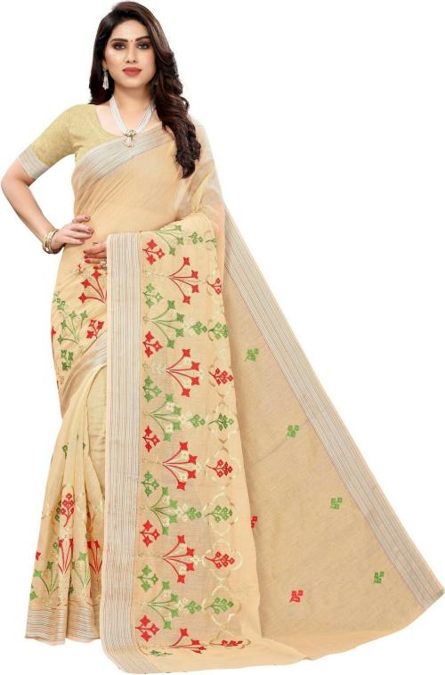 Buy Bandhani Hub Women Cream Embroidered Cotton Blend Linen Saree ...