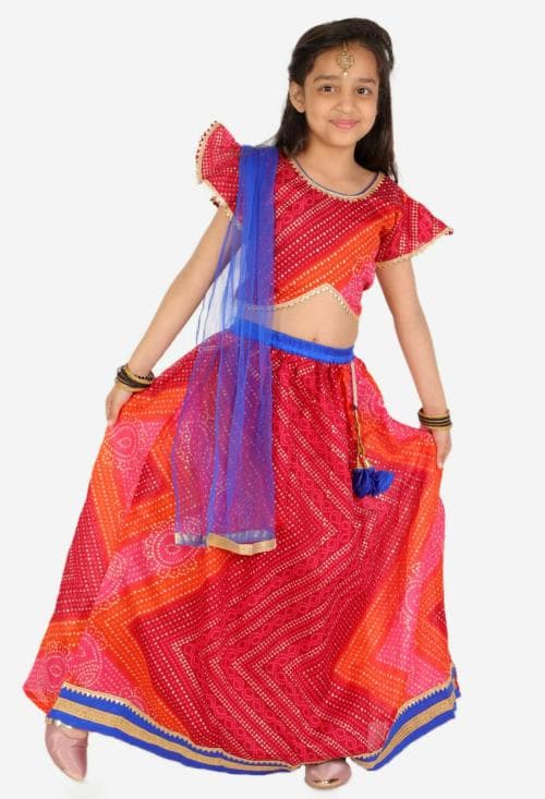Buy KID1 Bhandhani Print frill sleeves choli with lehenga and dupatta ...