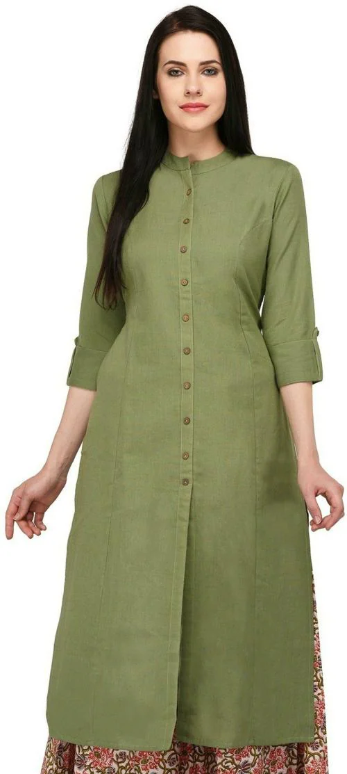 Buy Pistaa Women Green Solid Cotton Linen Kurta Online at Best Prices ...
