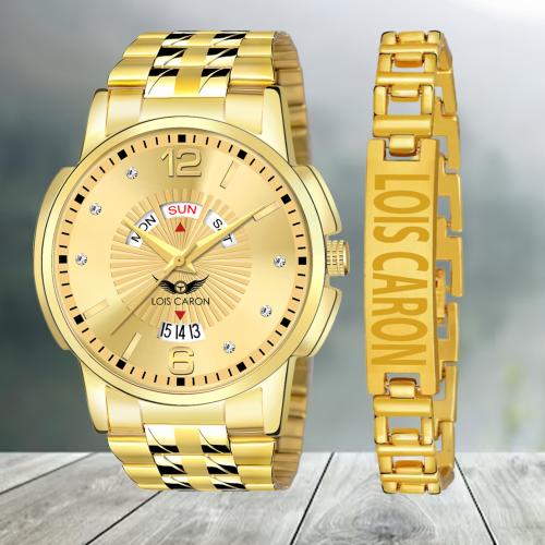 Buy Lois Caron LCS-9156 Combo Set Of Gold Plated Day & Date Watch With ...