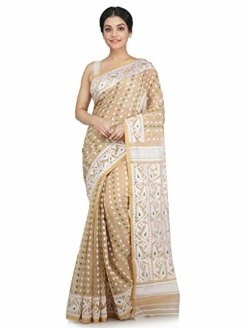 Buy PinkLoom Women Beige Woven Pure Cotton Jamdani Saree without Blouse Piece Online at Best ...
