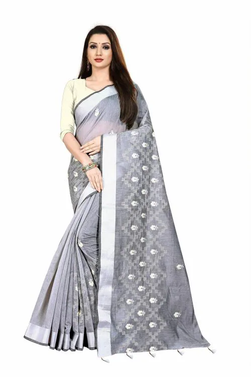 Buy SAREYA VEELA Fashion Women Grey Embroidered Cotton Silk Sarees ...