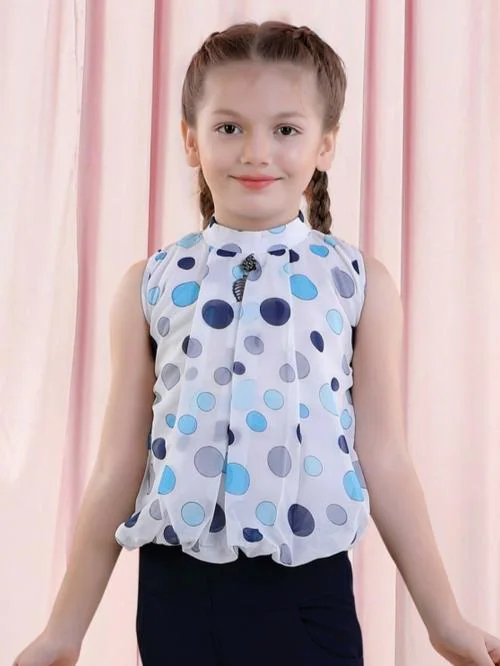 Buy POPLINS Blue Self Design Cotton Blend Regular Length Top For Girls ...