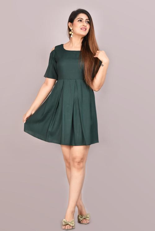 Buy Manojava Women Dark Green Solid Viscose Rayon A-Line Dress (L ...