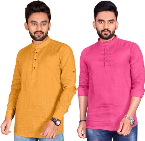 Buy Adwyn Peter Men Yellow and Pink Solid Pure Cotton Straight Kurta ...