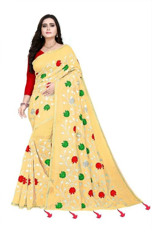 Buy SAREYA VEELA Maheshwari Women Yellow Embroidered Cotton Jute Sarees ...