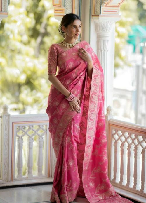 Buy Pheasant Women JACQUARD Woven Design Work GAJRI PINK Color Saree ...