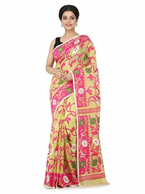 Buy PinkLoom Women Yellow and Pink Handloom Pure Cotton Jamdani Saree Without Blouse Piece ...