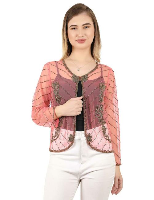 Buy UNFAKENOW Women Pink Net Embellished Shrug (M) Online at Best ...