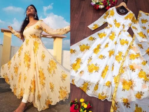 Buy Jesvi Women Yellow and White Printed Georgette Anarkali Kurta and Dupatta Set - XL Online at ...