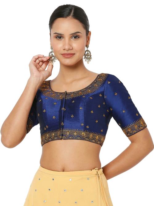 Buy Salwar Studio Women's Navy Blue Silk Blend Embroidered Readymade Saree Blouse Online at Best ...
