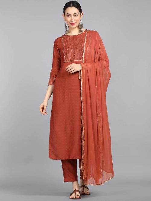 Buy AHIKA Women Rust Pure Cotton Printed Kurta and Trousers Set (M) Online at Best Prices in ...