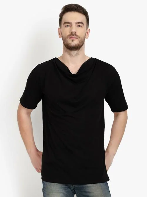 Buy PAUSE Black Solid Cowl Neck Slim Fit Half Sleeve Men's T-Shirt Online at Best Prices in ...