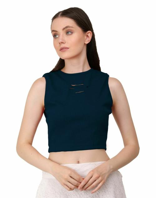Buy AD2CART A1679 Women's Crew Neck Stretchy Cut Out Ribbed Crop Top ...