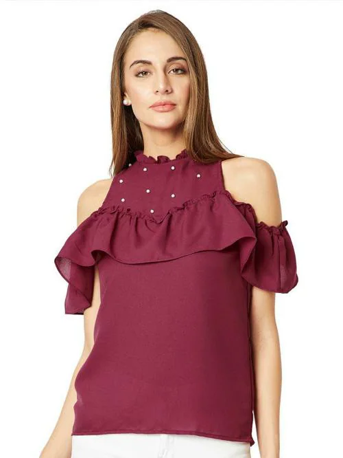 Buy Miss Chase Women Maroon Solid Crepe Single Top Online at Best ...